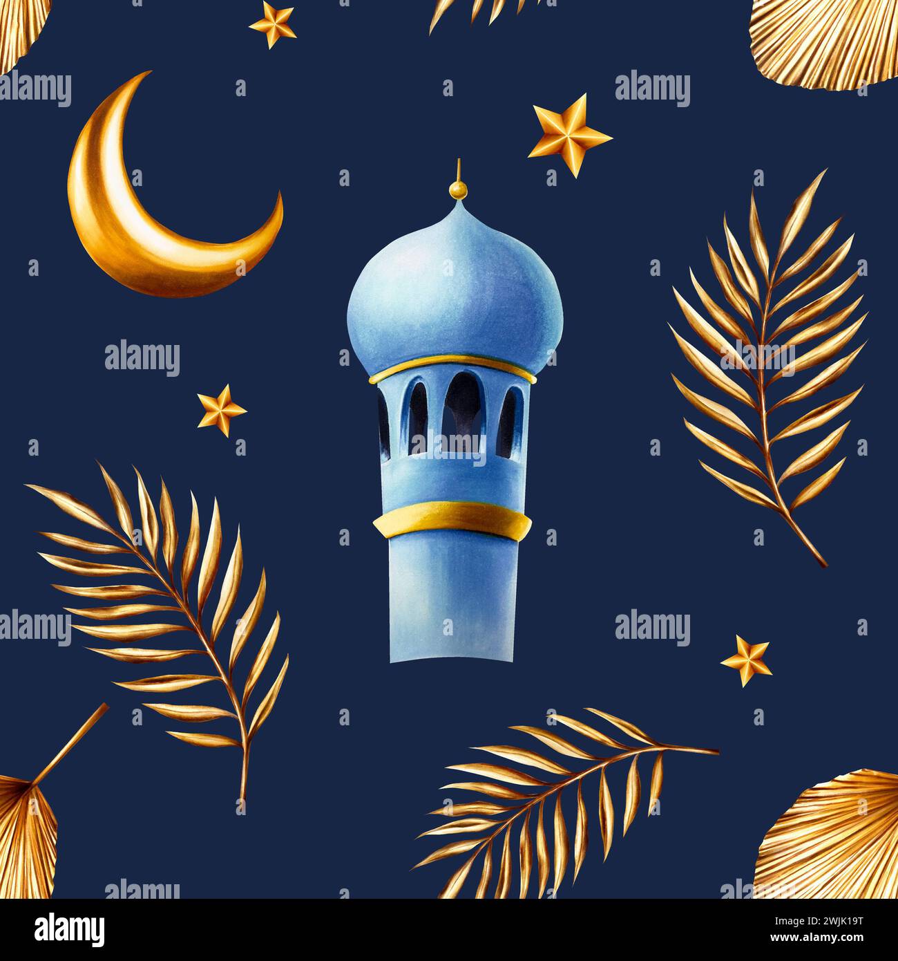 Watercolor seamless pattern with golden pampas grass, date palm ...