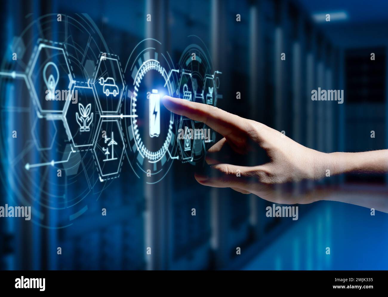 Smart energy storage concept with engineer work with graphic display ...
