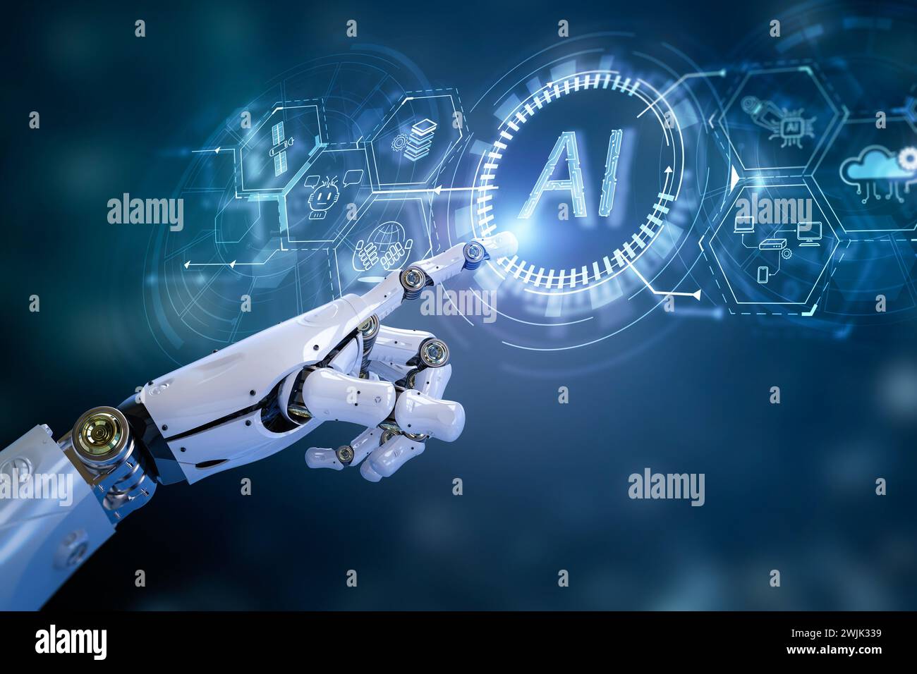 Machine learning concept with 3d rendering robot and ai technology ...