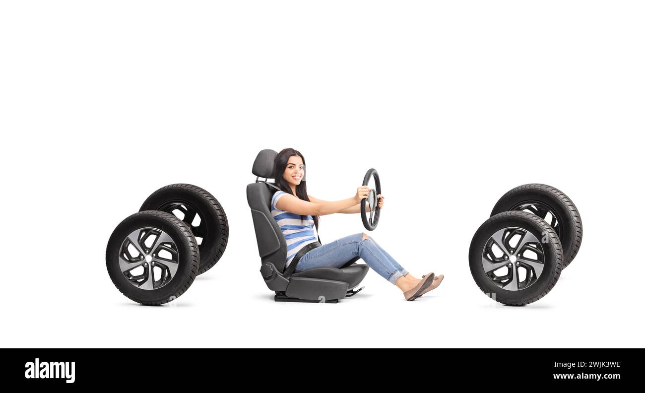 Young woman driver on four wheels isolated on white background Stock ...