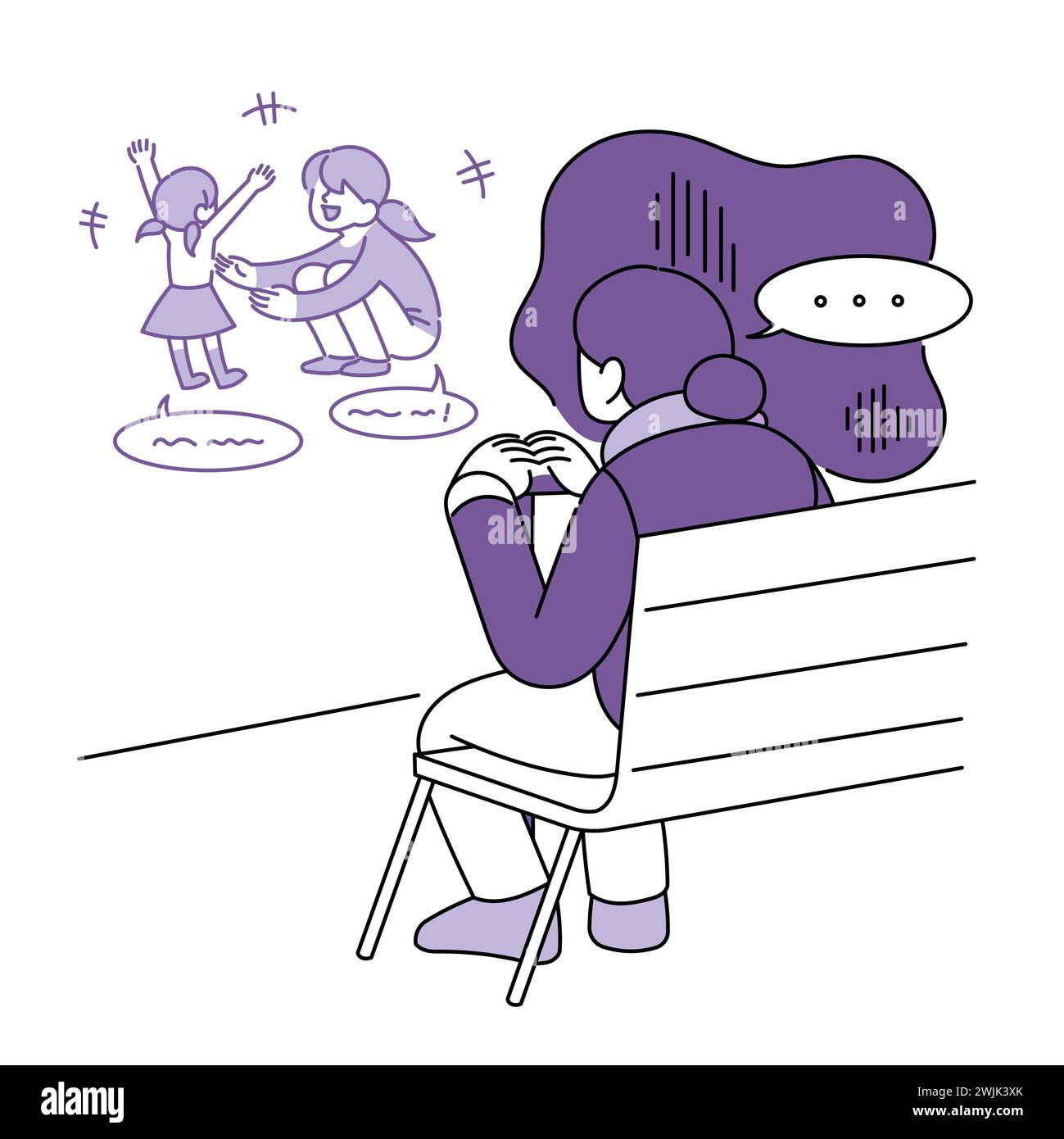 a figure sitting on a park bench watching a mother and daughter happy ...