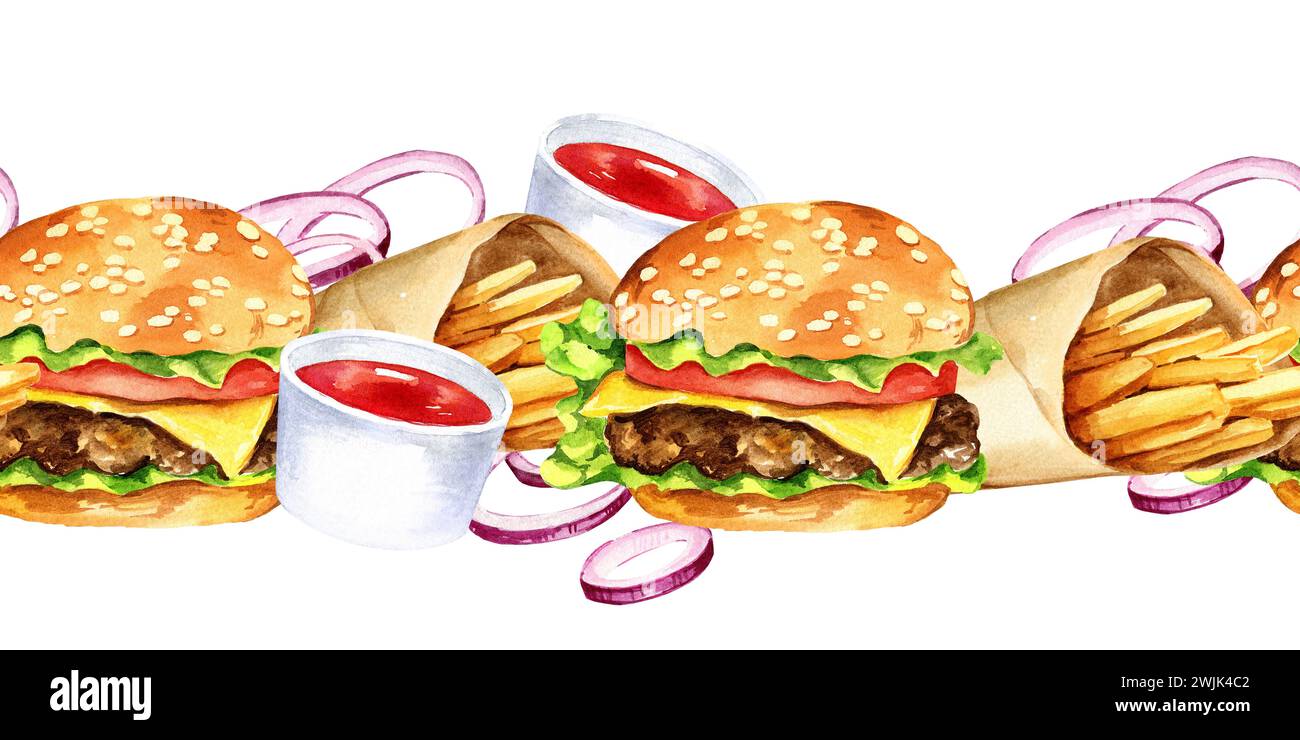 watercolor seamless border of fast food, burger, hamburger ...