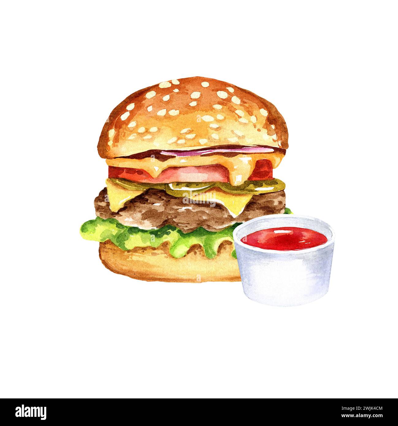 watercolor composition with fast food, hamburger, hand drawn ...
