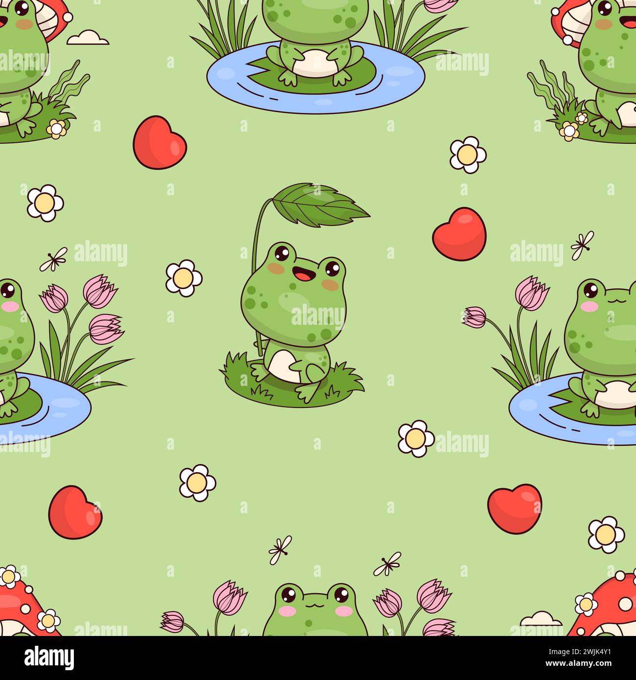Seamless pattern with frogs on green background with flowers and hearts ...