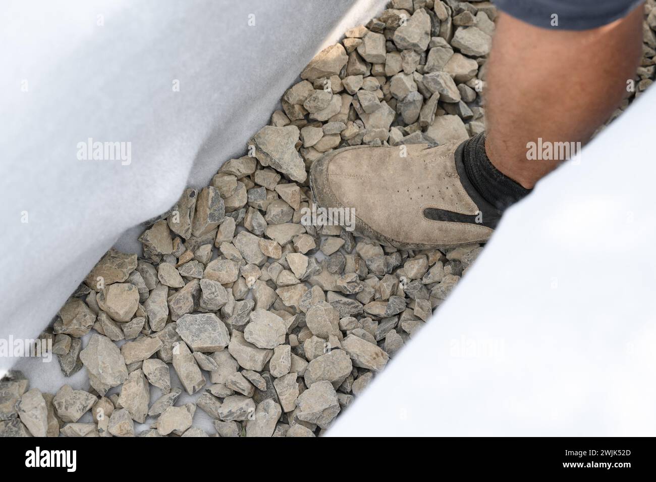 A worker stands in a drainage trench with white geotextile. Feet of the ...