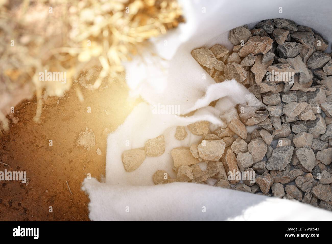 The drainage trench is covered with geotextile and filled with crushed ...