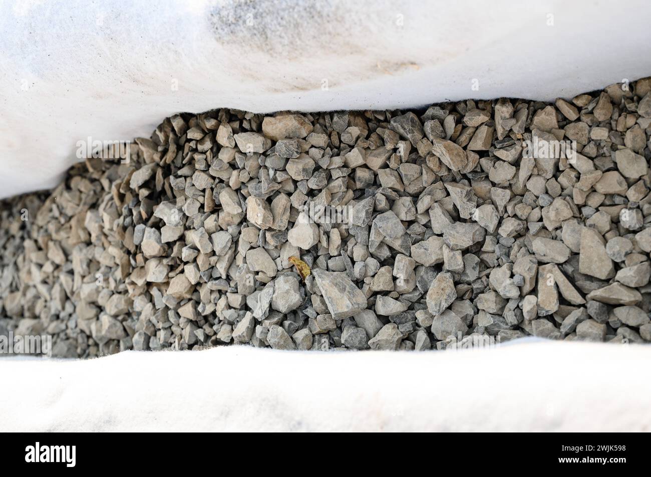 The drainage trench is covered with geotextile and filled with crushed ...