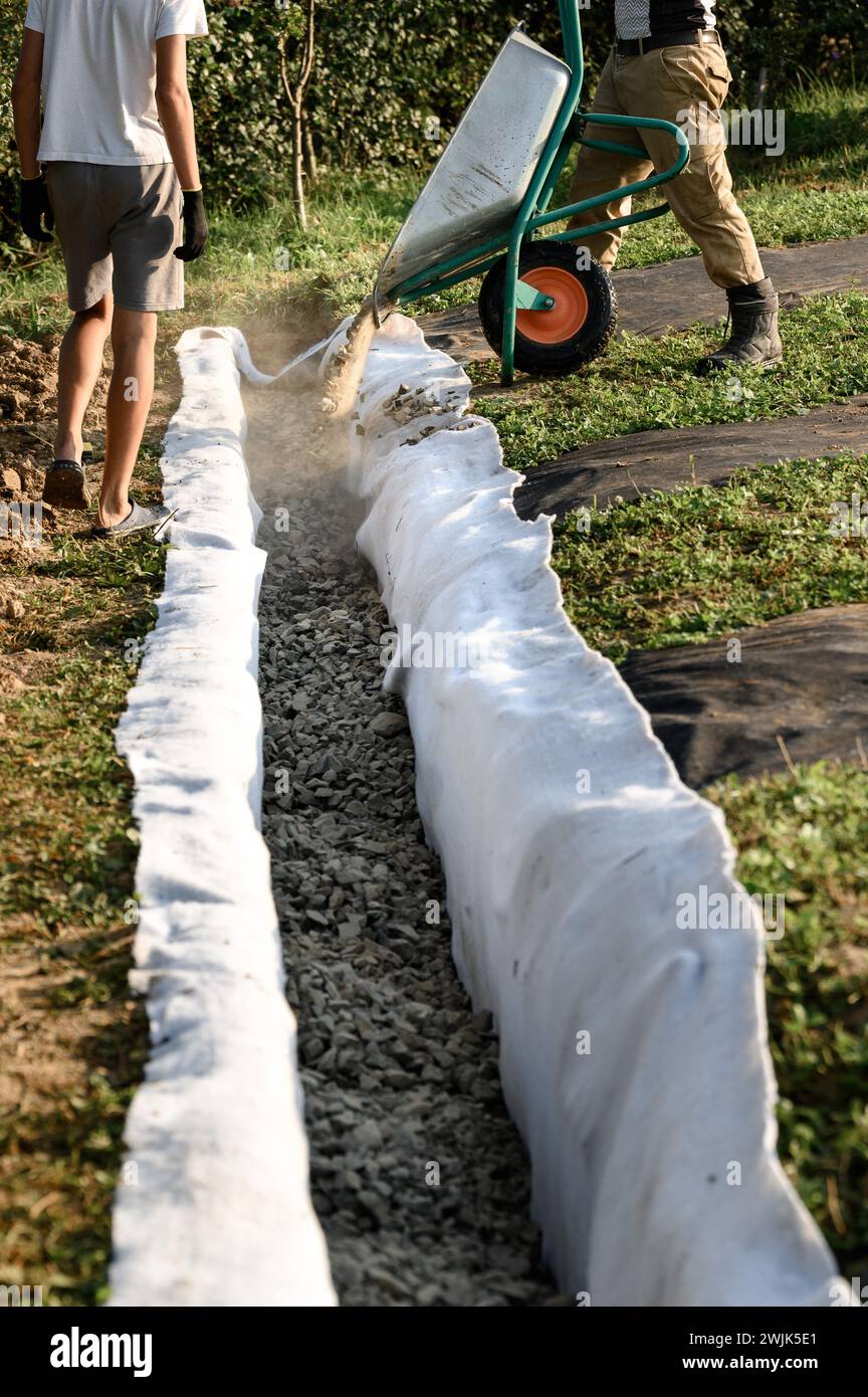 A man pours rubble crushed stone from a wheelbarrow into a trench ...