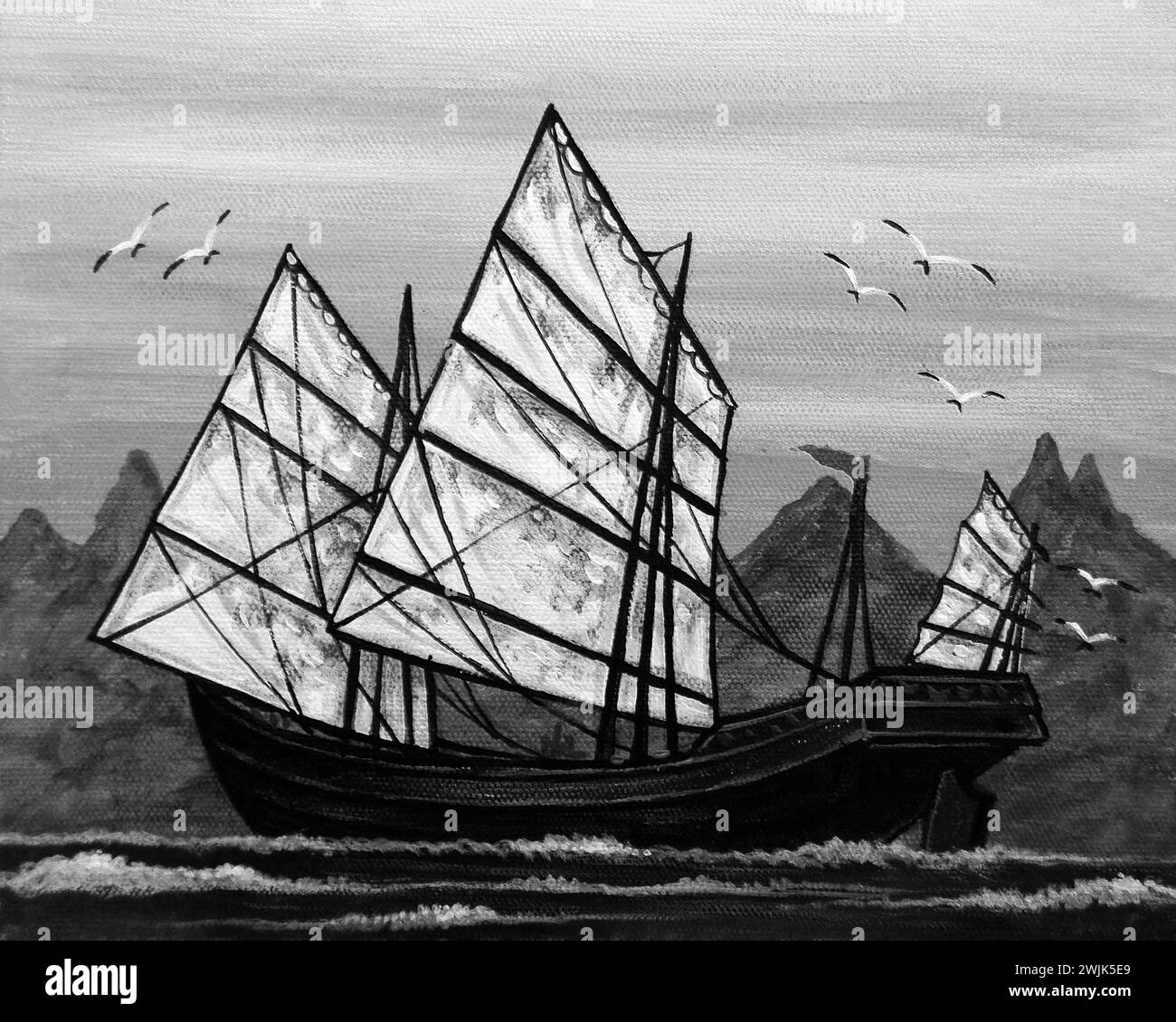 monochrome photography black and white original oil painting sailboat ...
