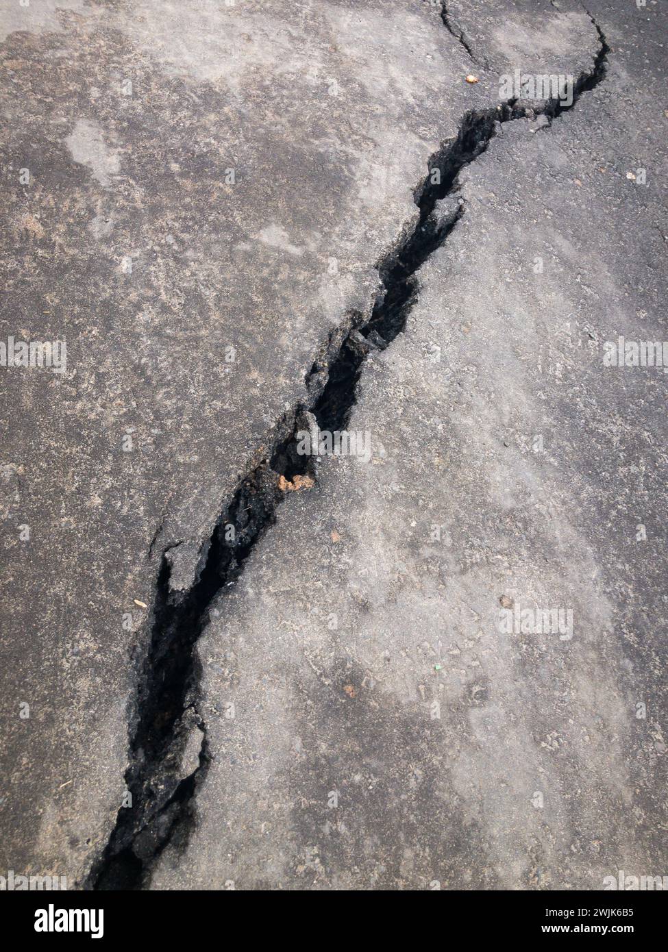 Vertical image showcasing a significant crack dividing weathered ...