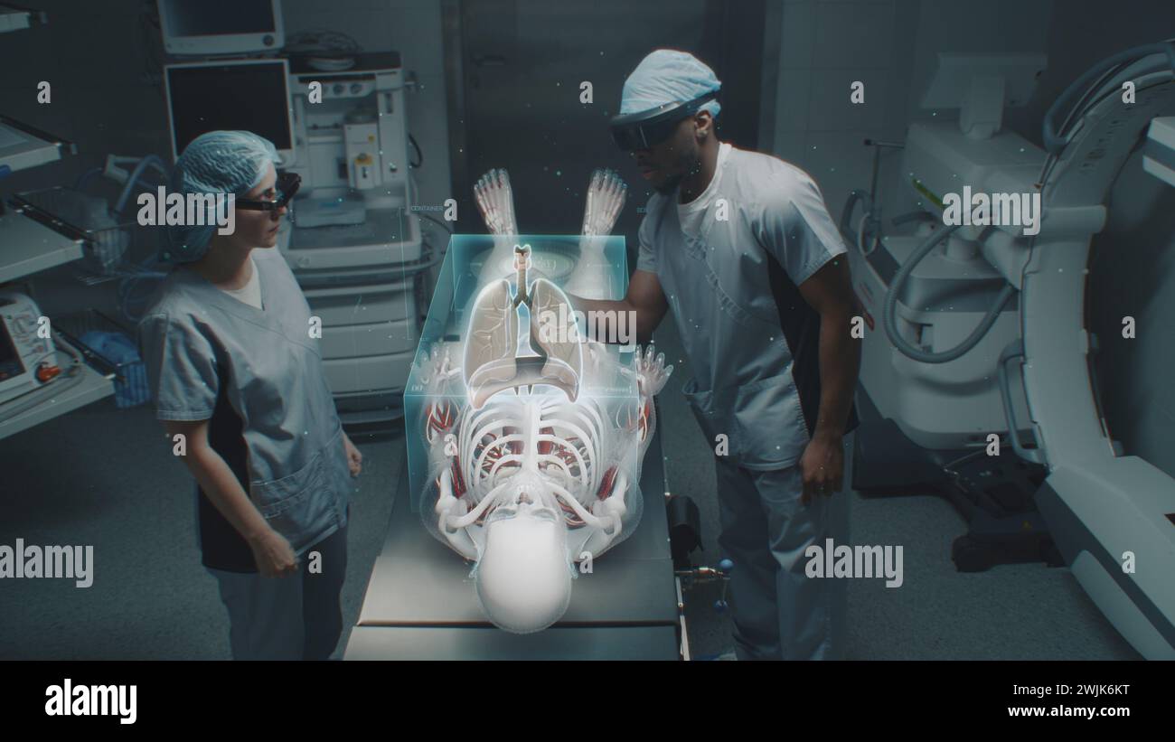 Diverse surgeons in AR headsets work in operating room using futuristic ...