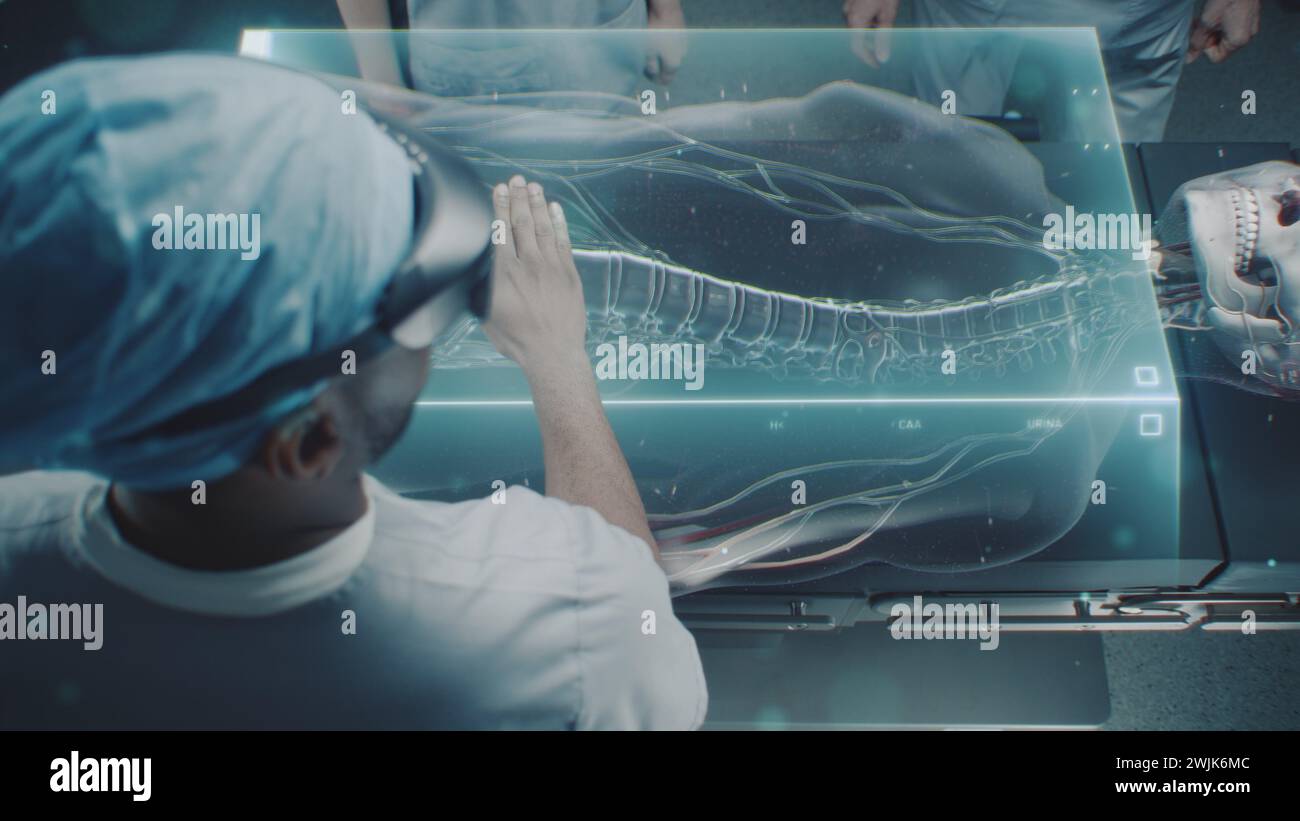 Surgical team work in high-tech operating room, perform virtual heart ...