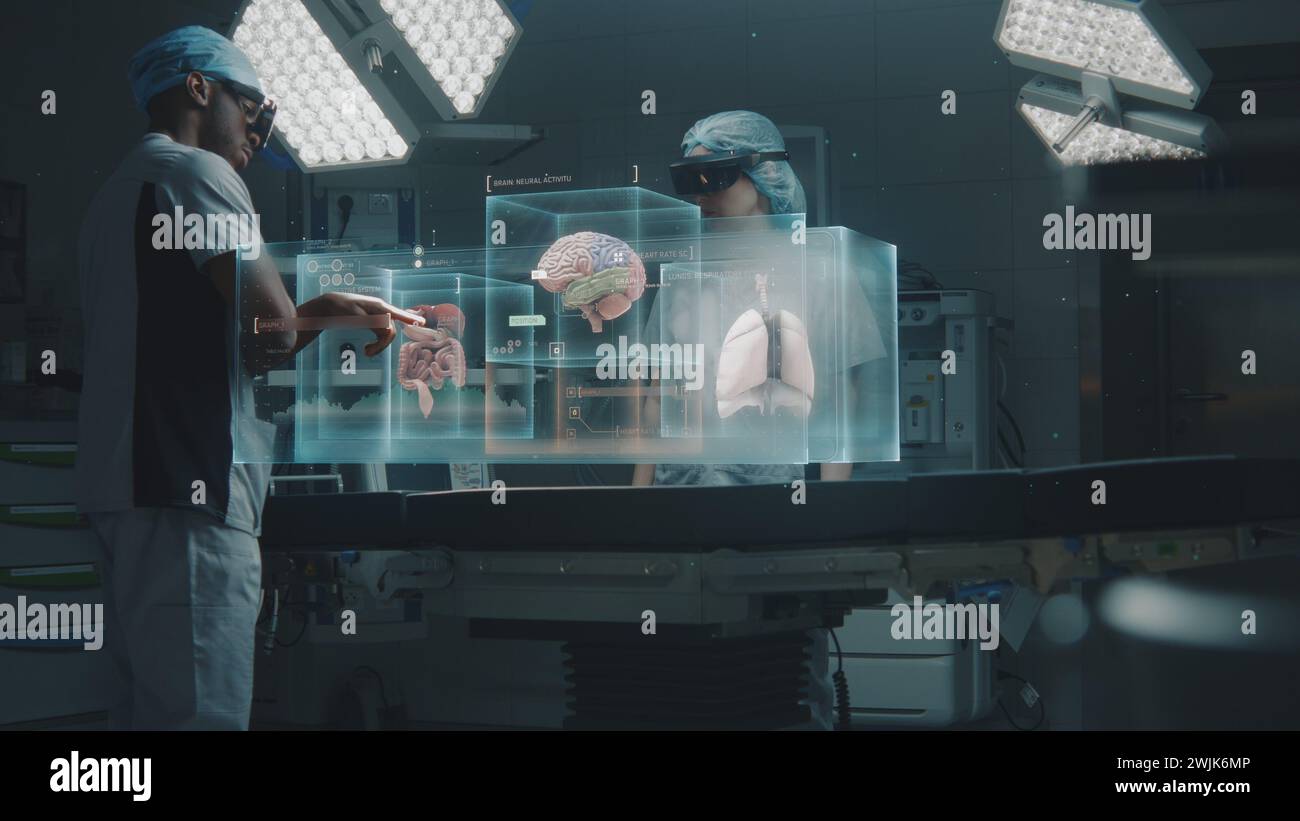 Multiethnic surgeons in AR headsets work in high-tech operating room ...