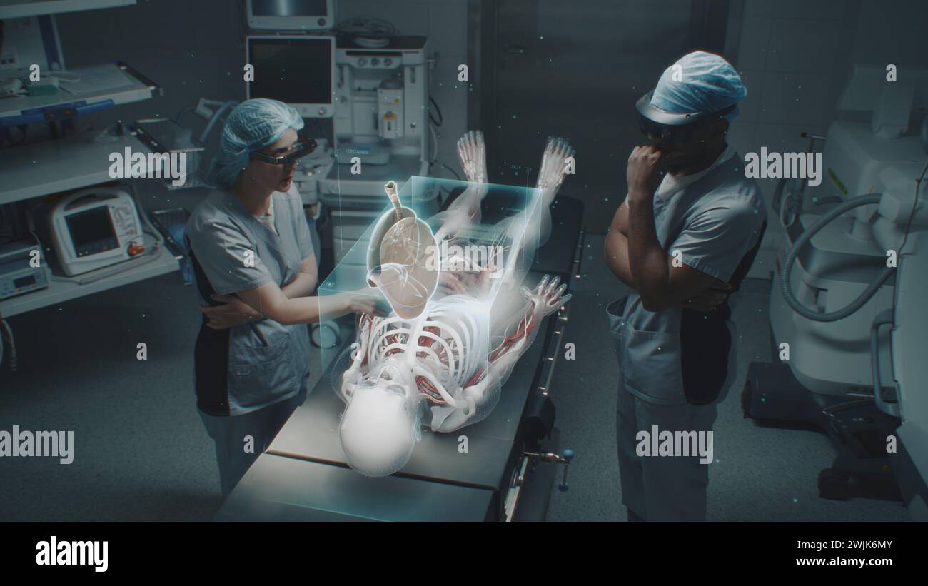Diverse surgeons in AR headsets work in operating room using futuristic ...