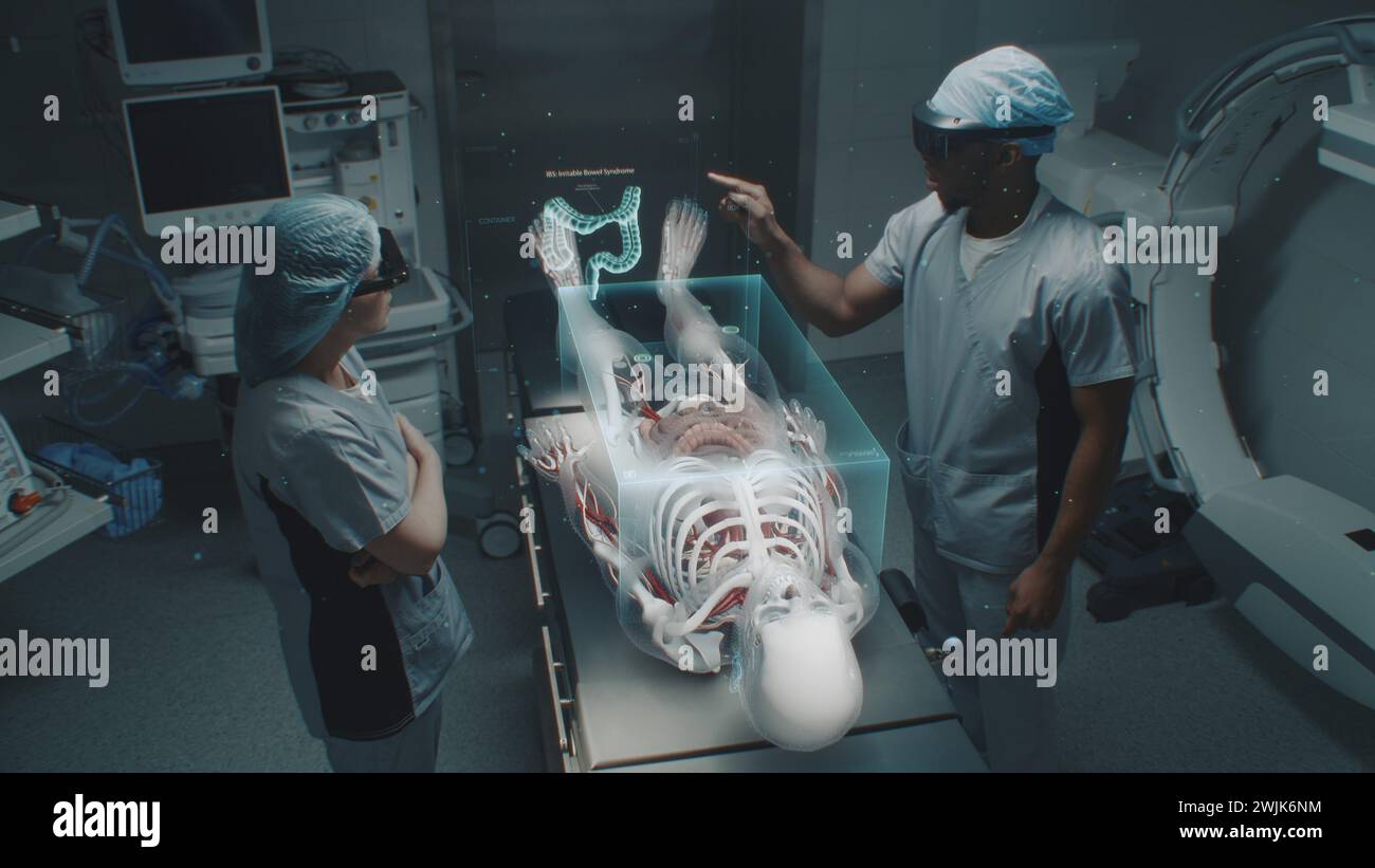 Diverse surgeons in AR headsets work in operating room using futuristic ...