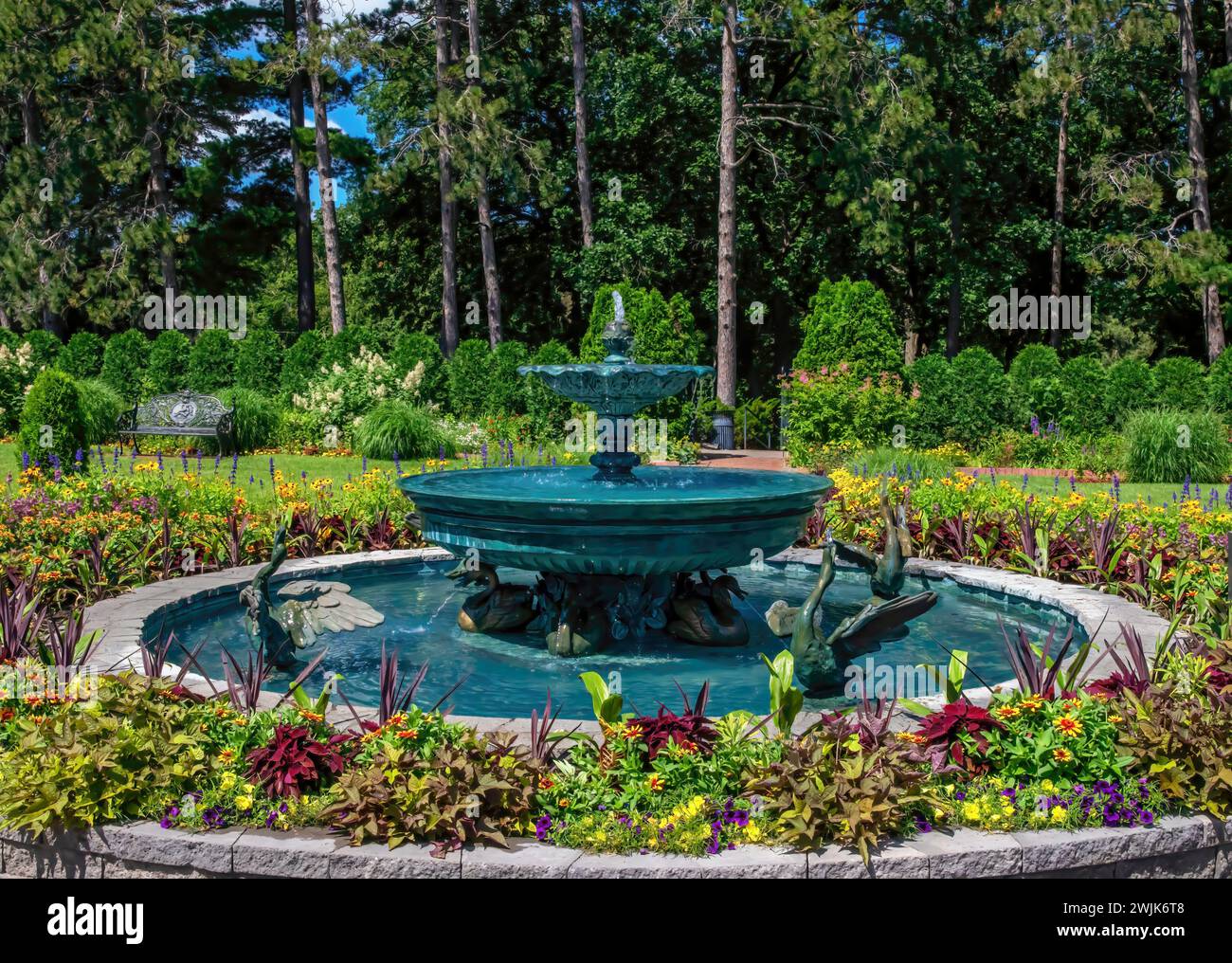 Beautiful green fountain with geese and duck sculptures surrounded by ...