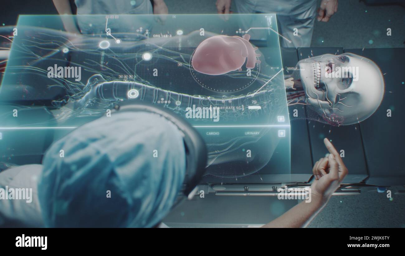 Surgical team work in high-tech operating room, perform virtual heart ...