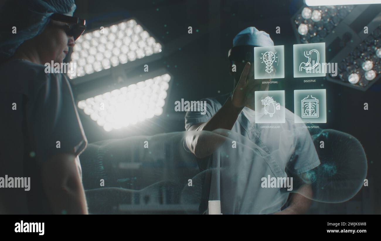 Diverse surgeons in AR headsets work in operating room. African ...