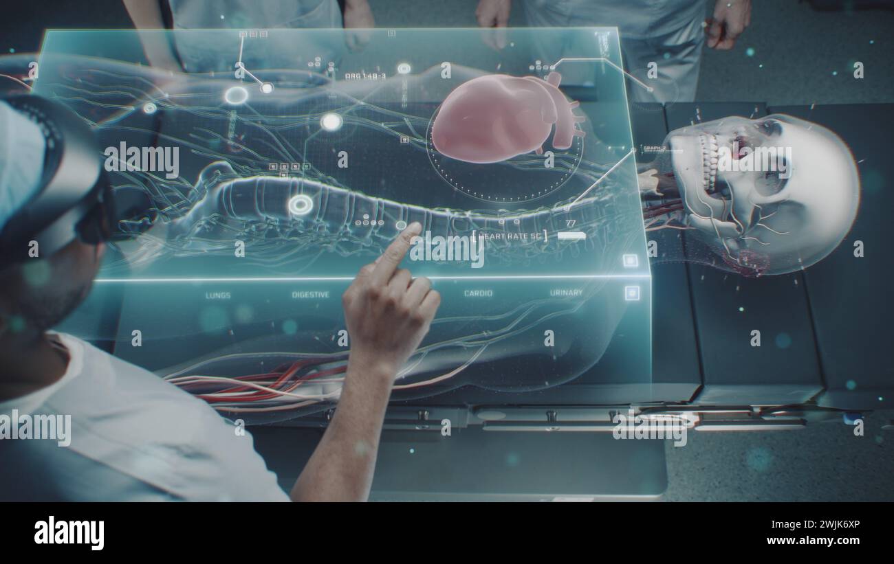 Surgical team work in high-tech operating room, perform virtual heart ...