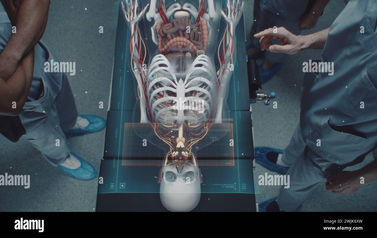 Multiethnic surgical team work in operating room using futuristic ...