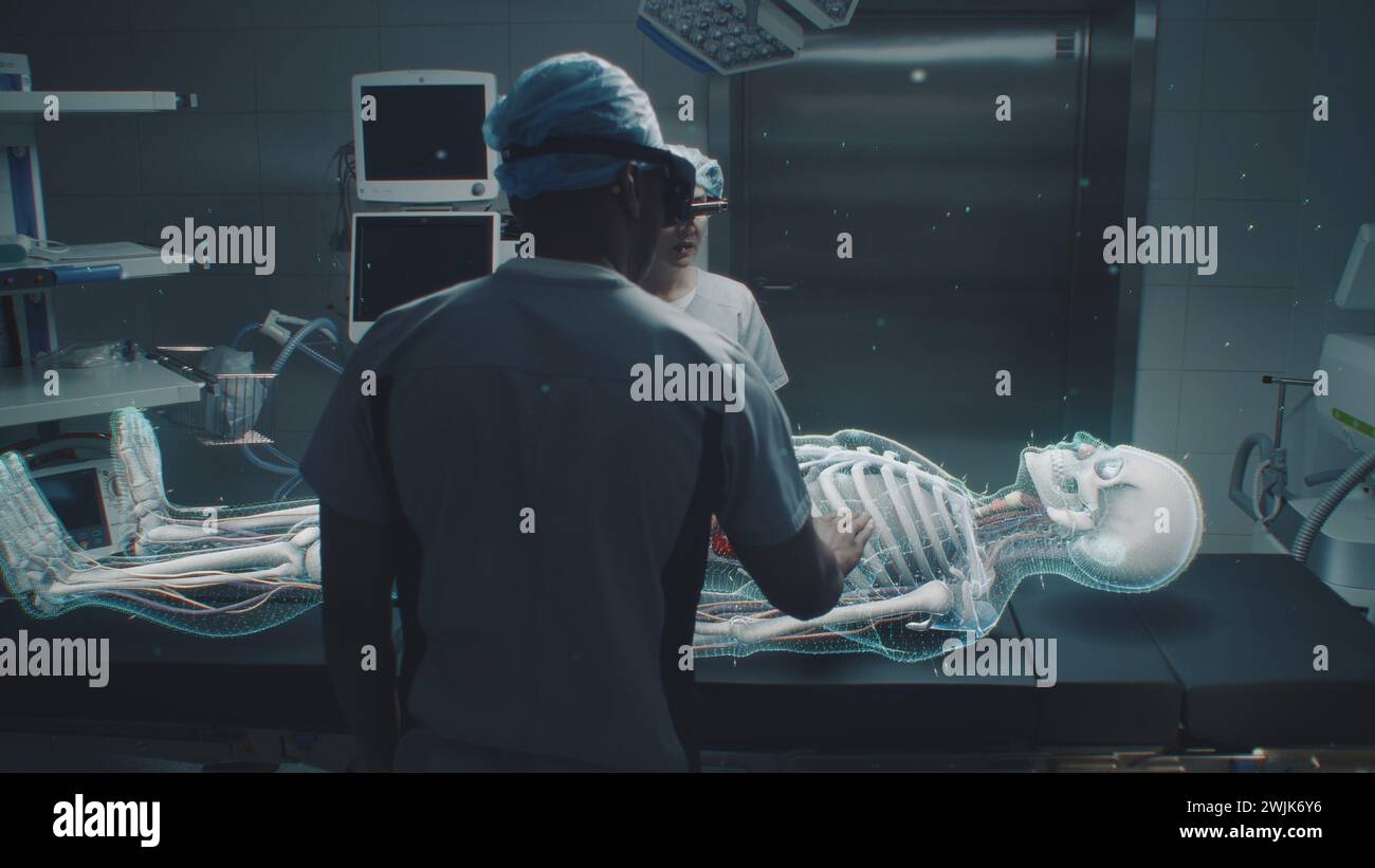 Diverse surgeons in AR headsets work in operating room, perform virtual ...