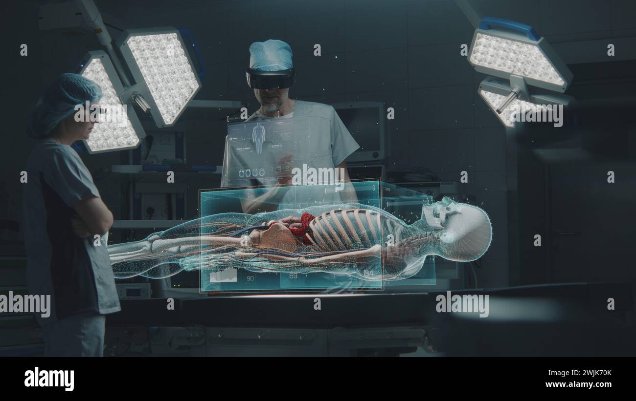 Male and female surgeons in AR headsets perform surgery in operating ...