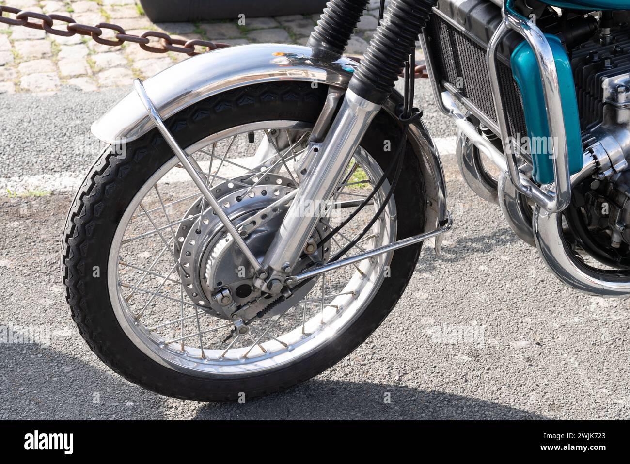 front vintage Motorcycle wheel spokes with brake system Stock Photo - Alamy