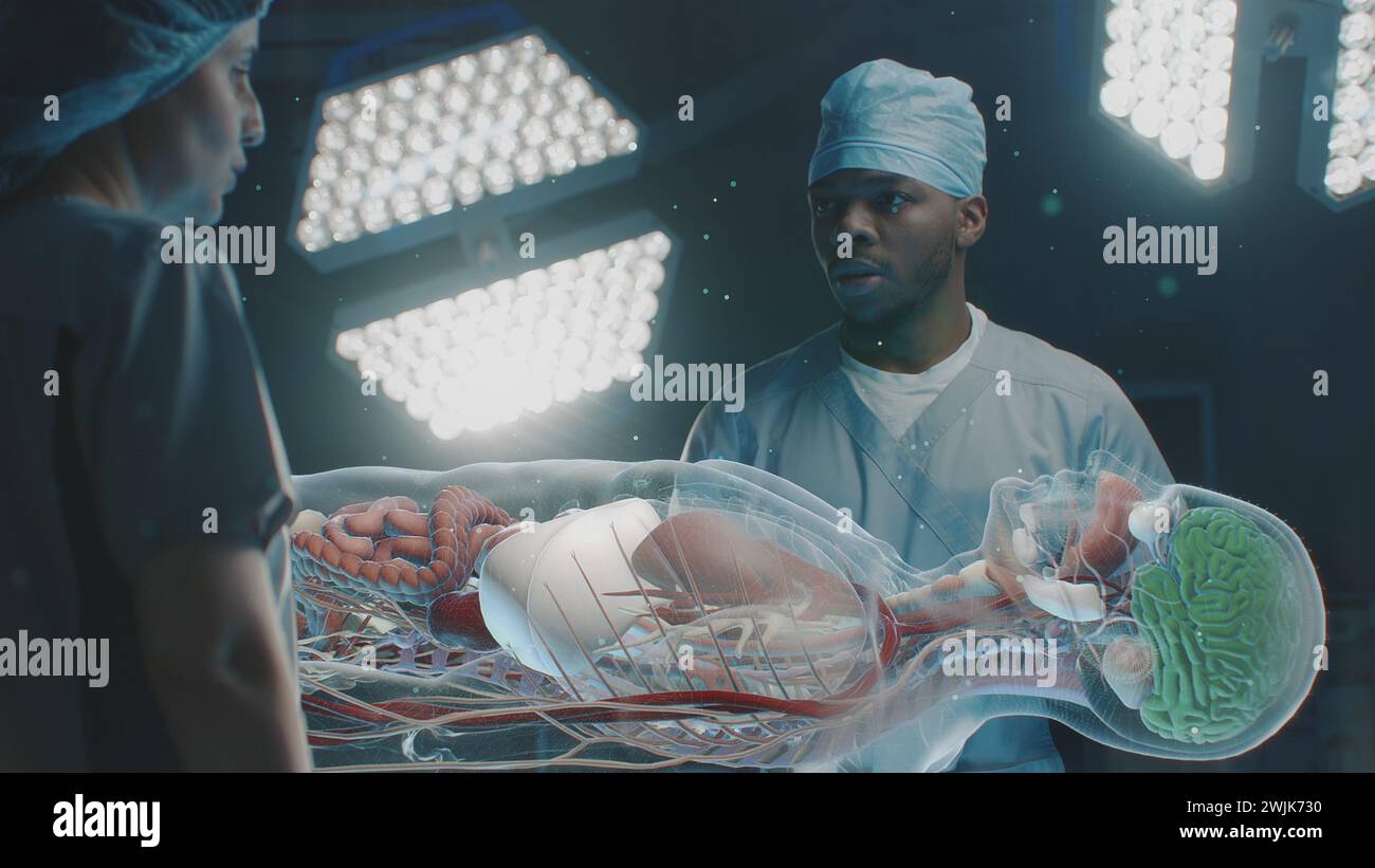 Diverse surgeons work in operating room. African American doctor talks ...