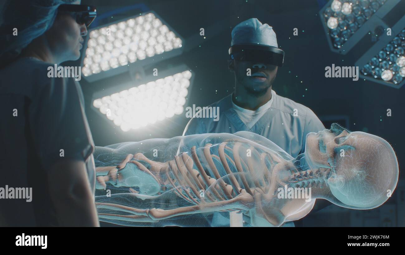 Diverse surgeons in AR headsets work in operating room. African ...
