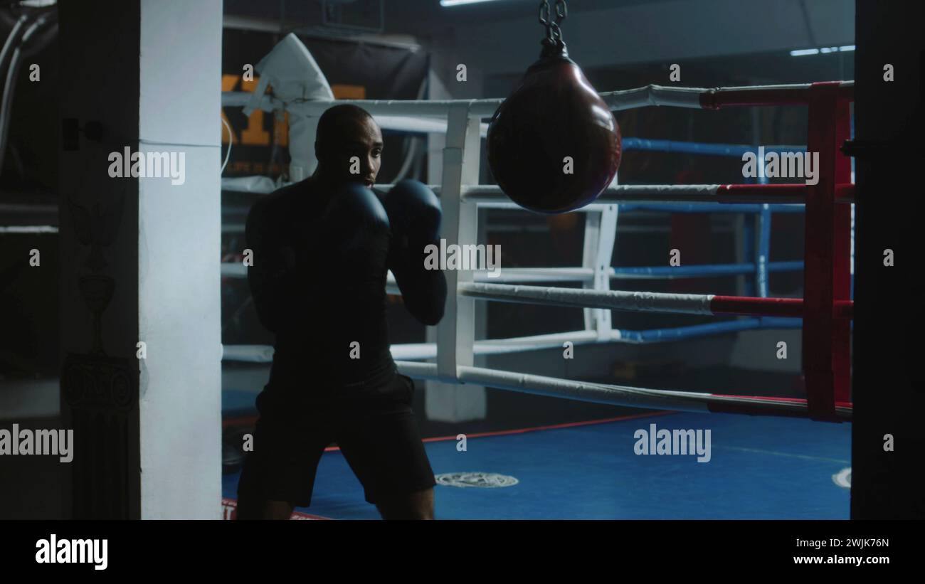 Confident African American fighter hits punching bag while training in ...