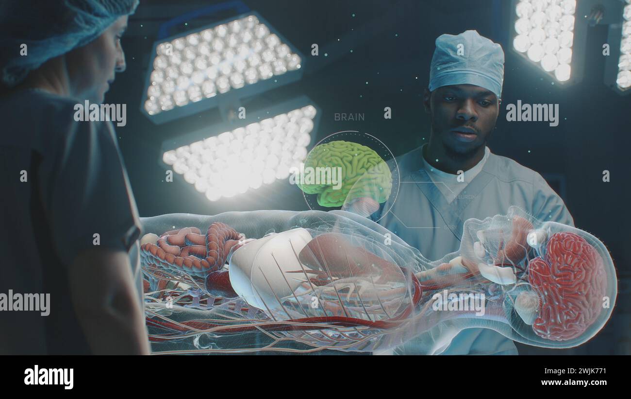 Diverse surgeons work in operating room. African American doctor talks ...