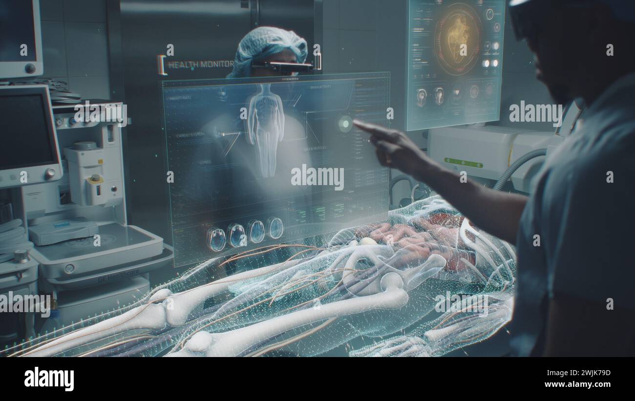 Diverse surgeons in AR headsets work in operating room, perform virtual ...
