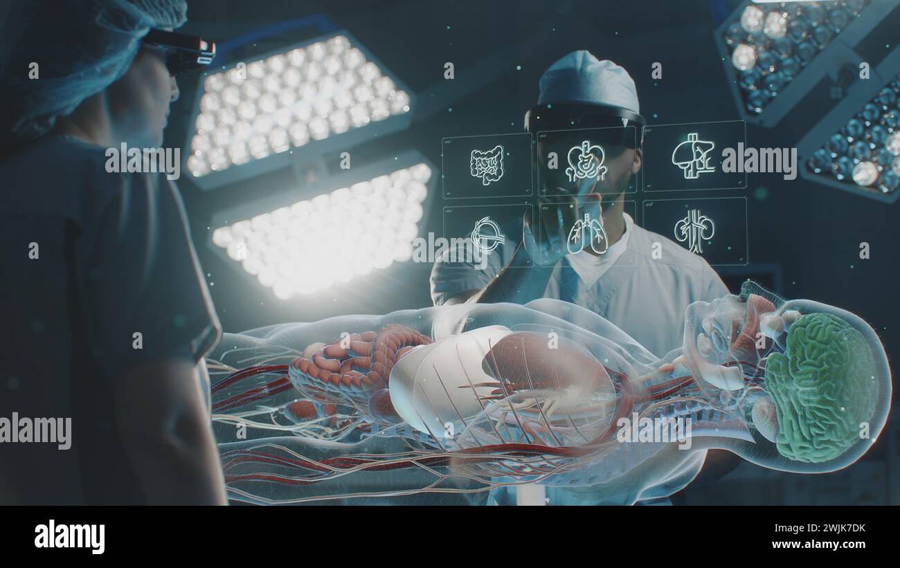 Diverse surgeons in AR headsets work in operating room. African ...
