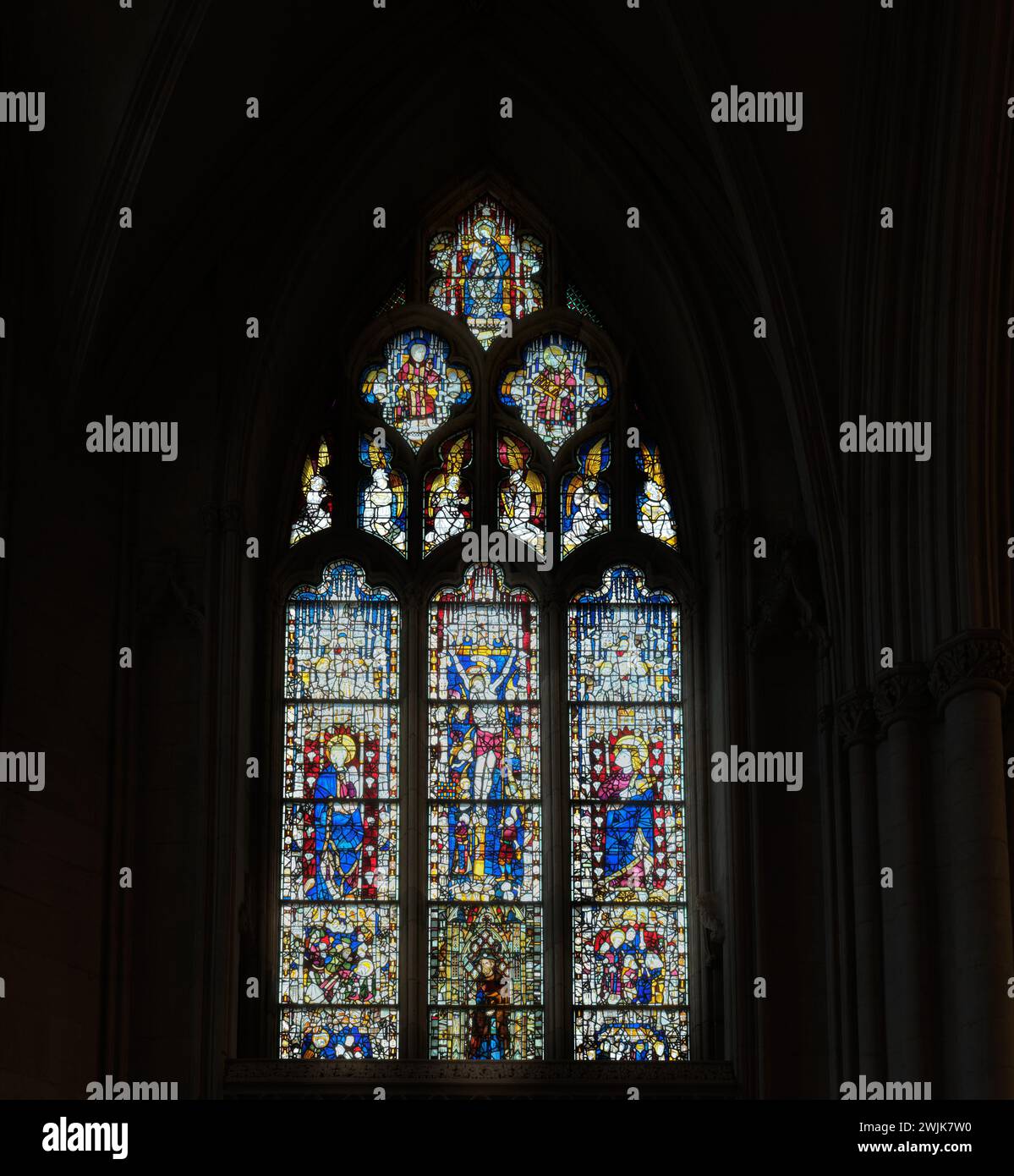 Medieval stained glass window, with depiction of crucifixion of Jesus ...