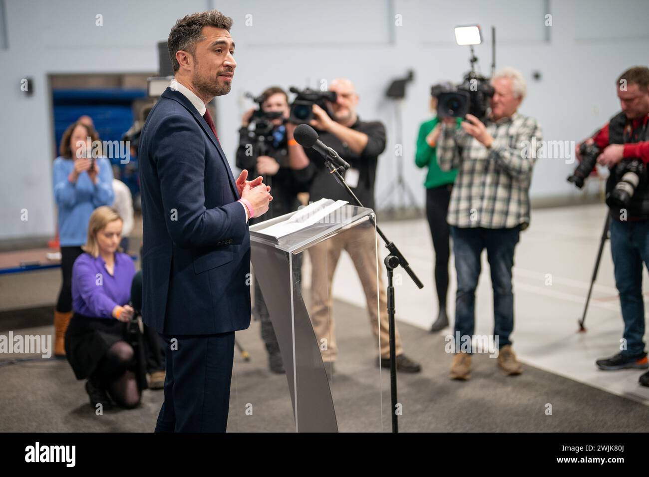 Labour candidate Damien Egan gives a speech after being declared winner ...