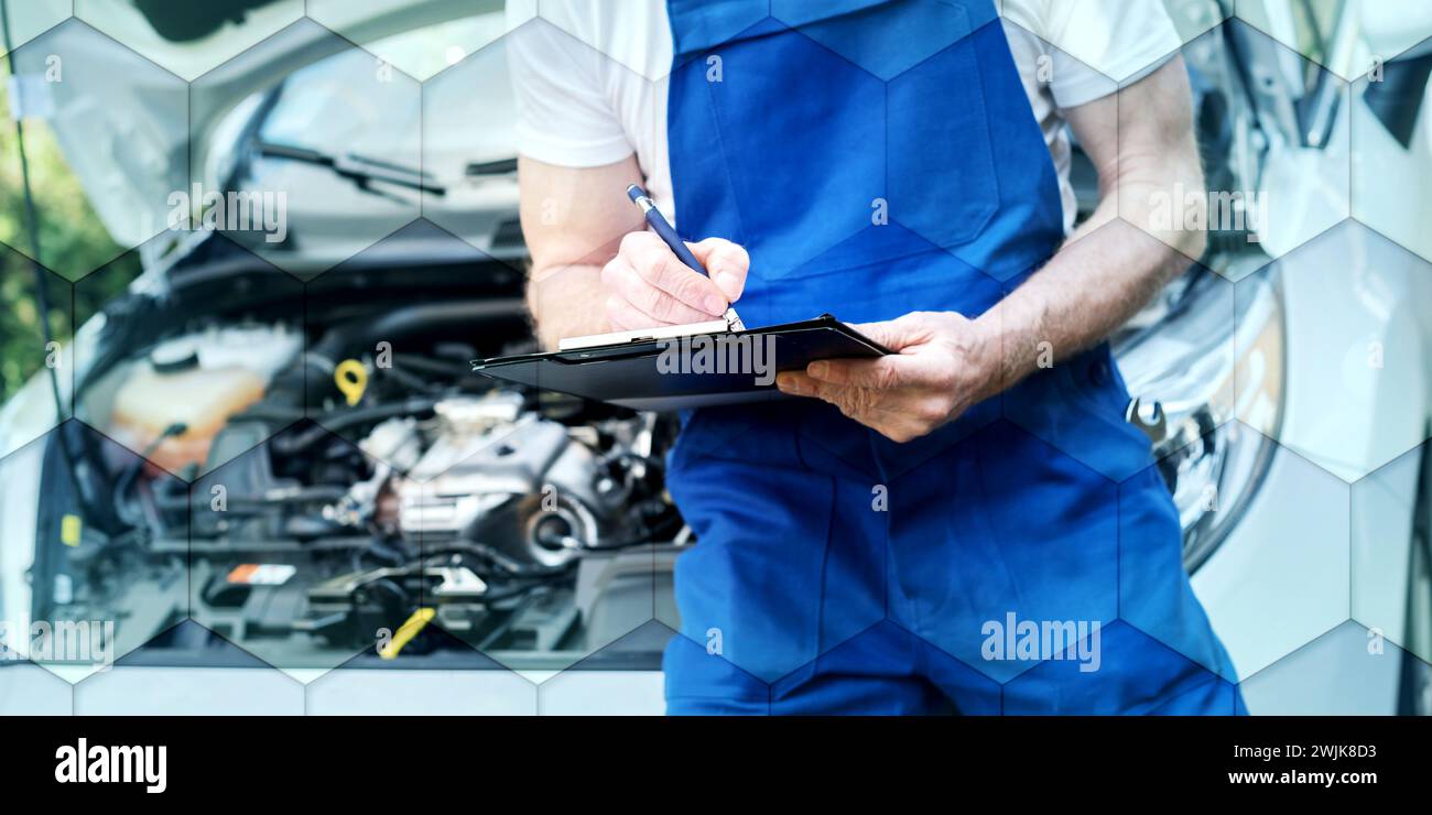 Car mechanic checking a car engine and writing on clipboard, geometric ...