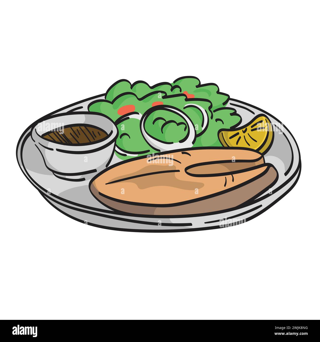 Grilled salmon plate or cooked tuna steak illustration vector hand ...