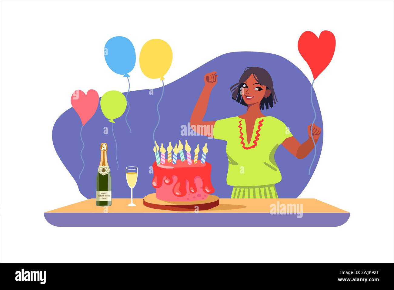 Girl celebrating birthday and dances. Candle on cake and makes wish ...