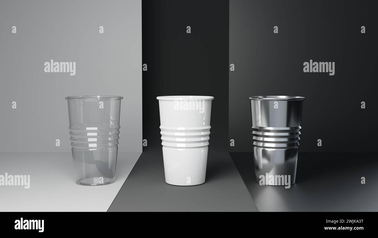 3d rendering of a group of plastic cups on a grayscale background Stock ...