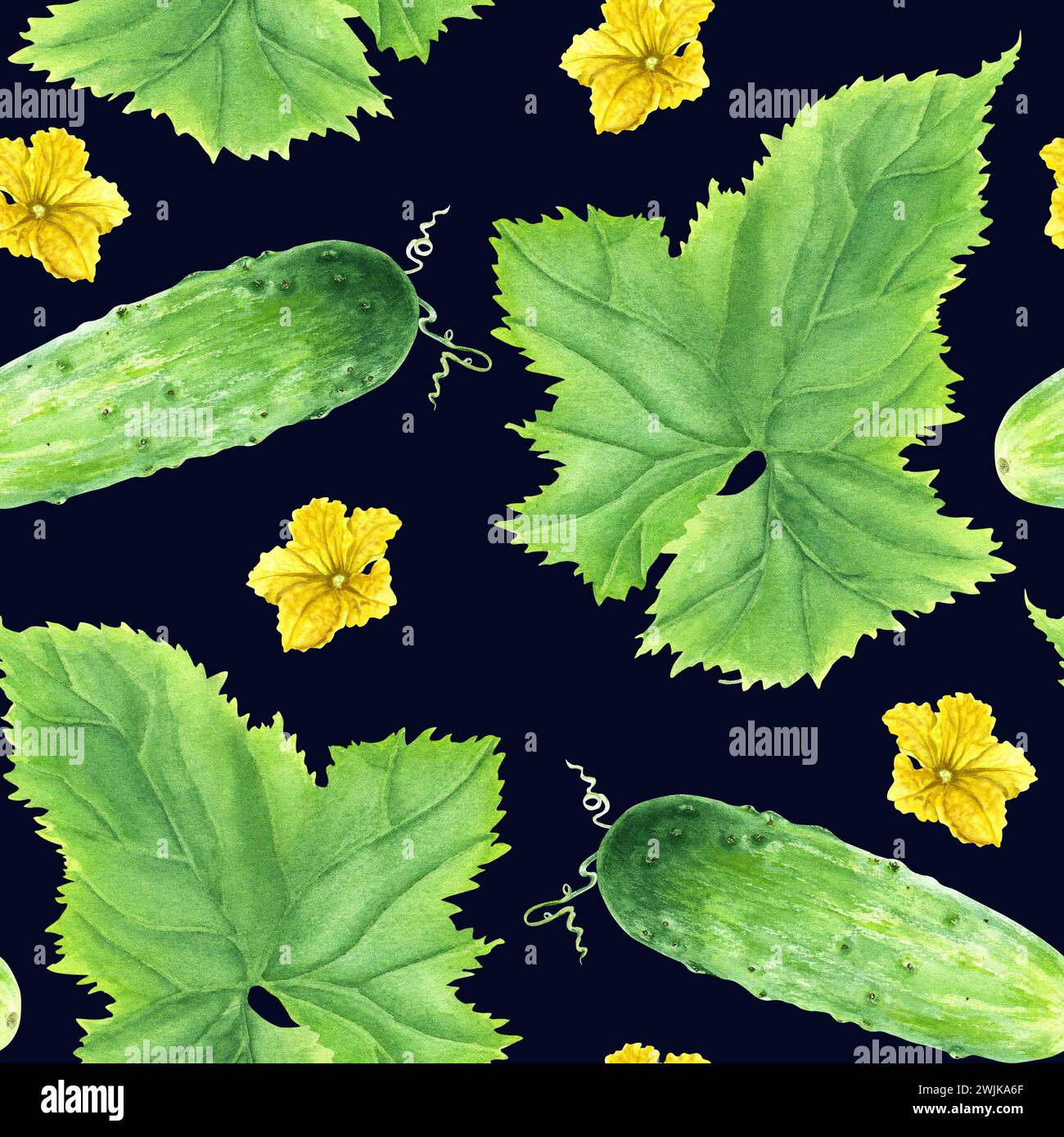 Watercolor seamless repeat pattern with green vegetable cucumber with ...
