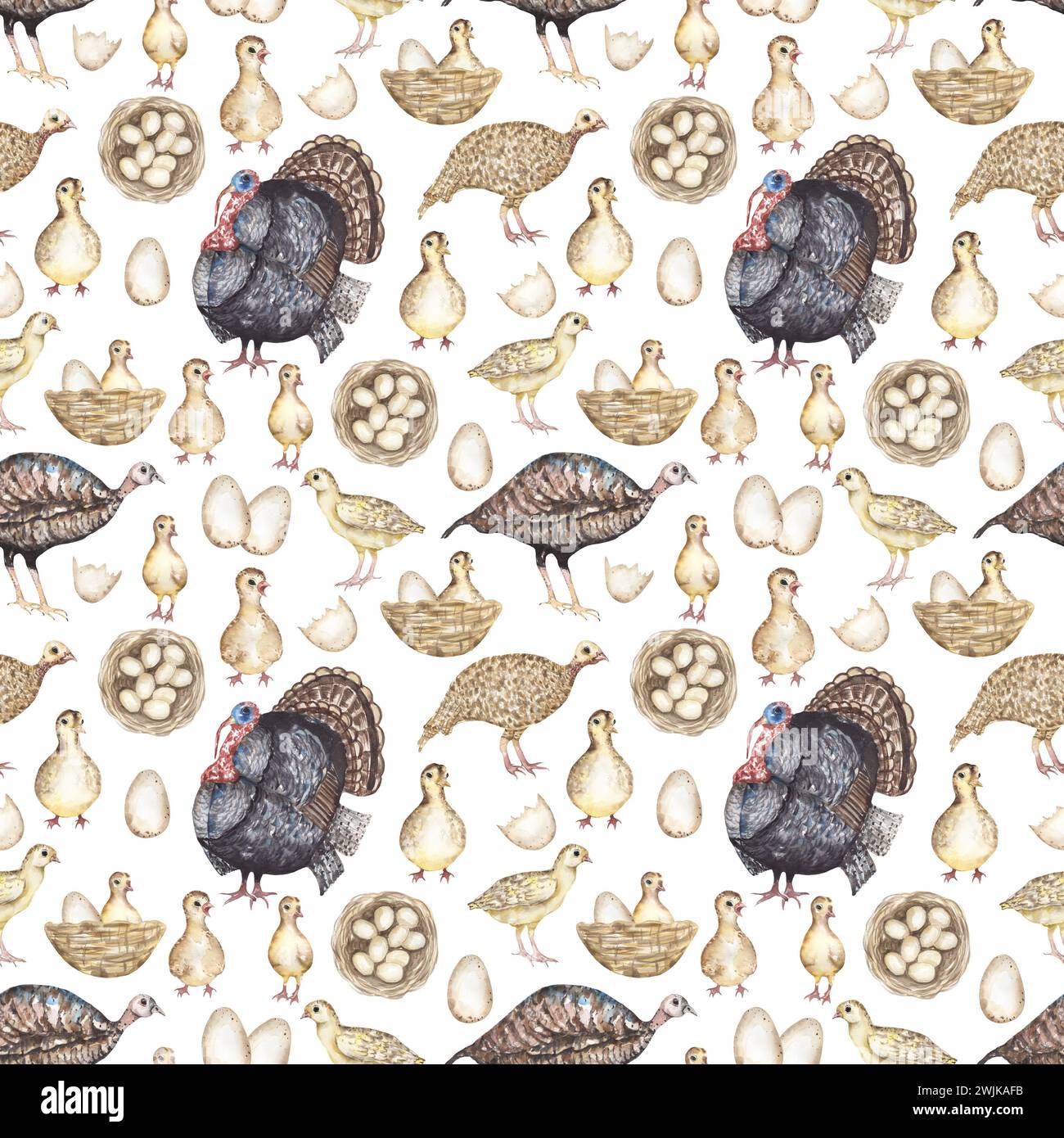Watercolor turkey bird and chick seamless pattern, nature with animals ...
