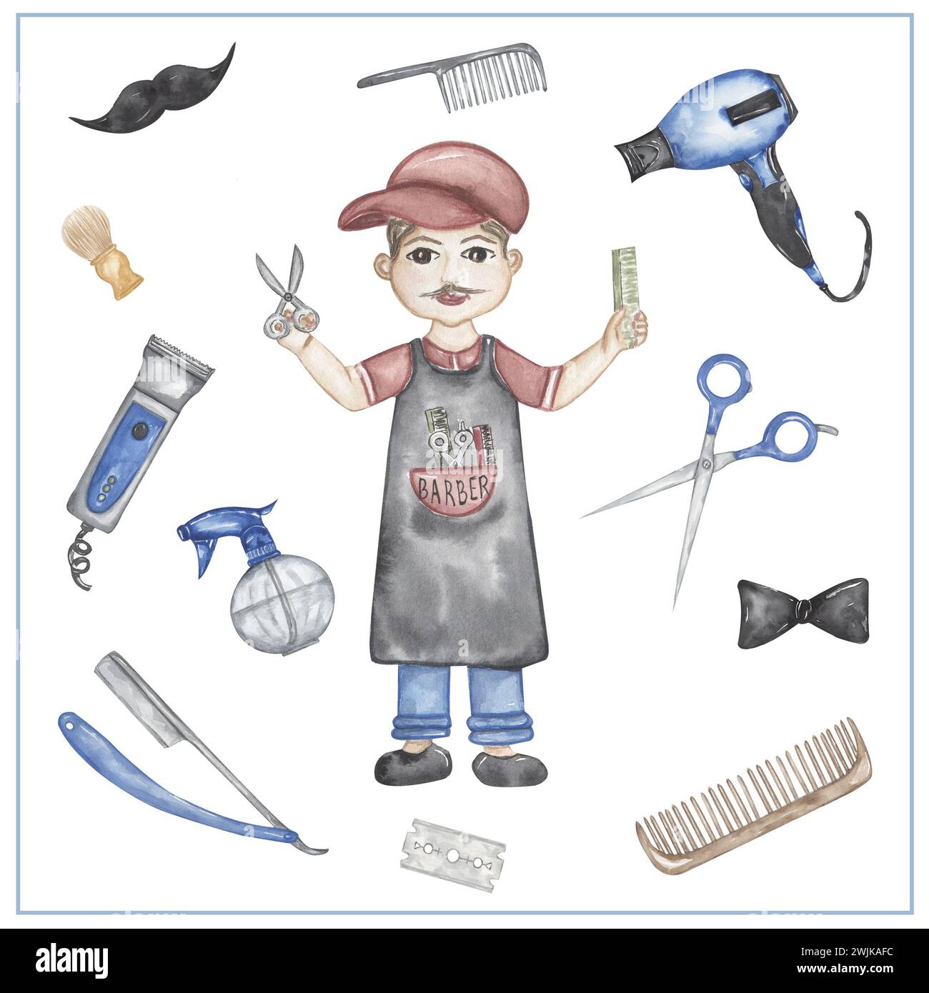 Watercolor barber clipart, hand drawn illustration. Hair cutter working ...