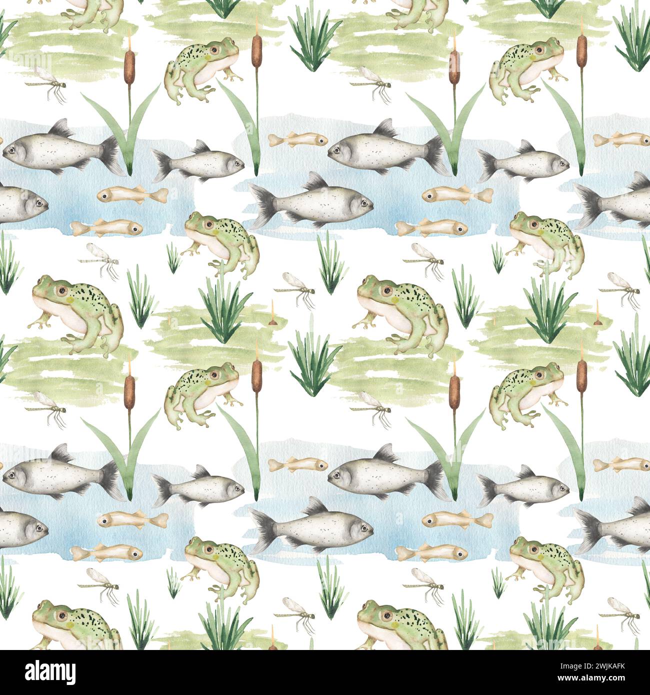 Watercolor frog on the lake and fish seamless pattern, nature with ...