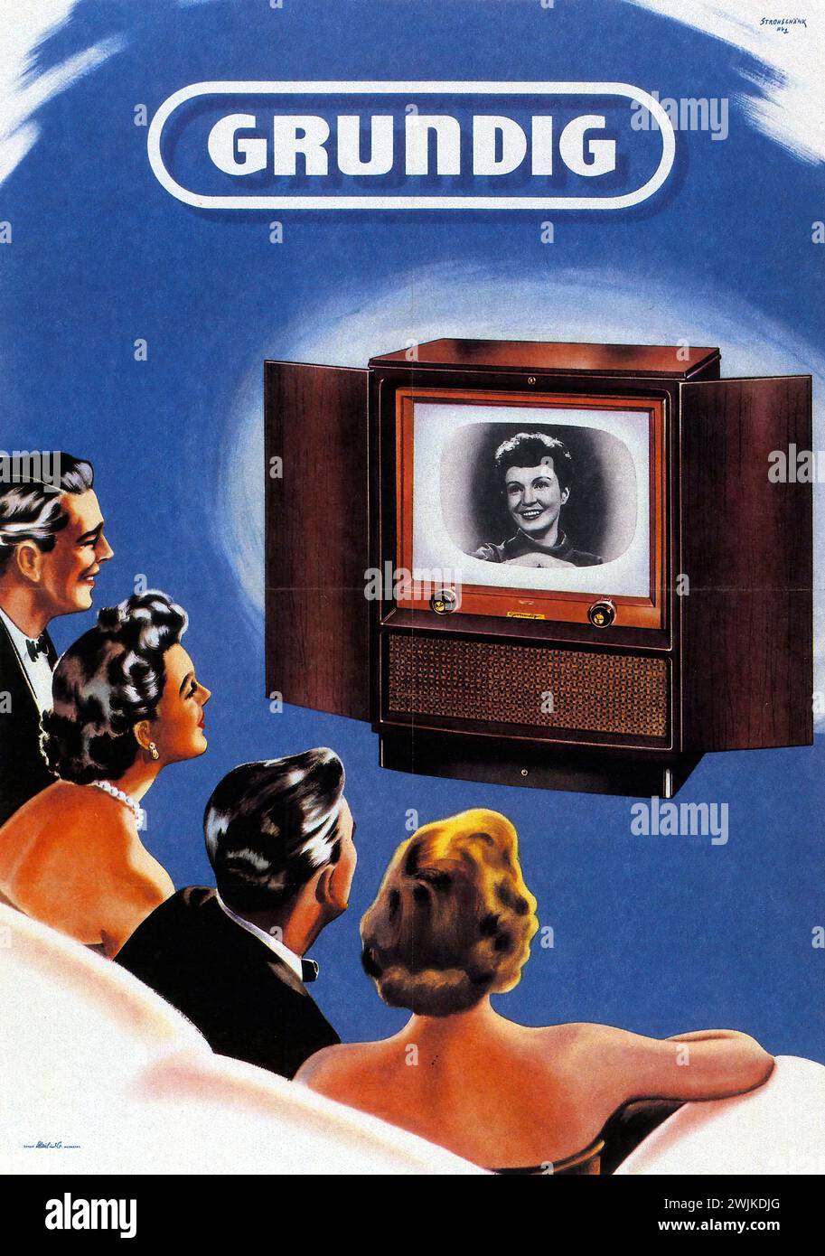 "Grundig" Vintage German Advertising, 1954. The advertisement shows a ...