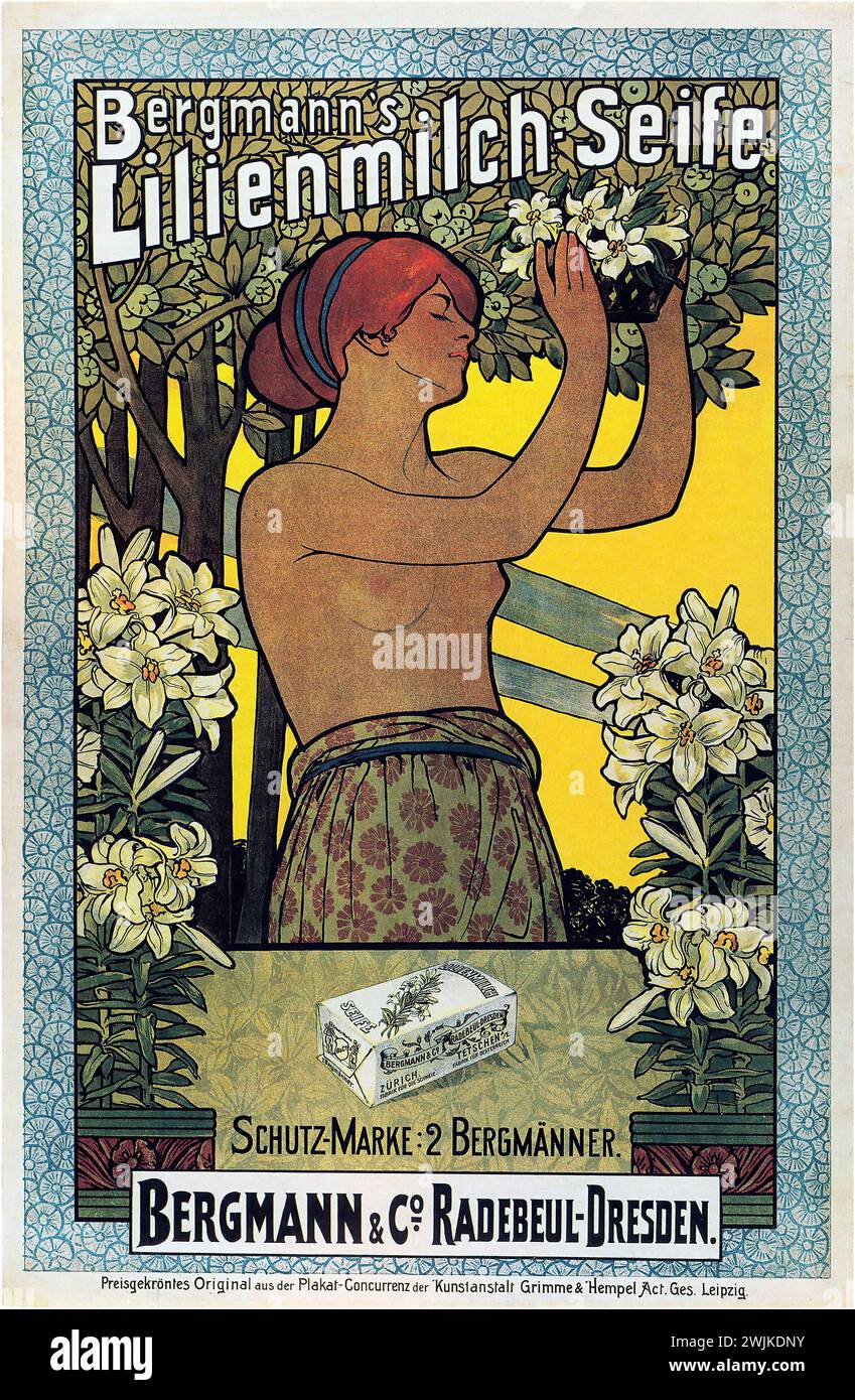 "A vintage German advertising poster for Bergmann's Lily Milk Soap ...