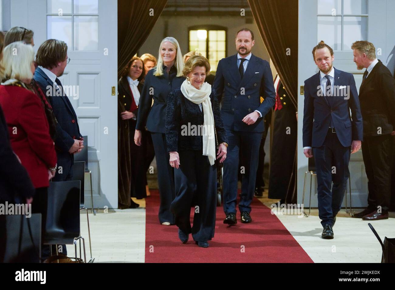 Oslo 20240215.Queen Sonja, followed by Crown Princess Mette-Marit and Crown Prince Haakon ...