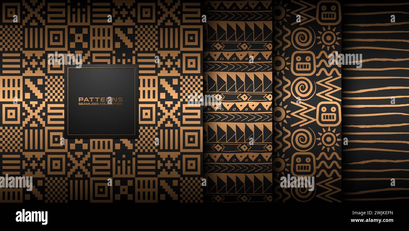 Seamless vector hand drawn golden ethnic pattern set. Abstract gold ...
