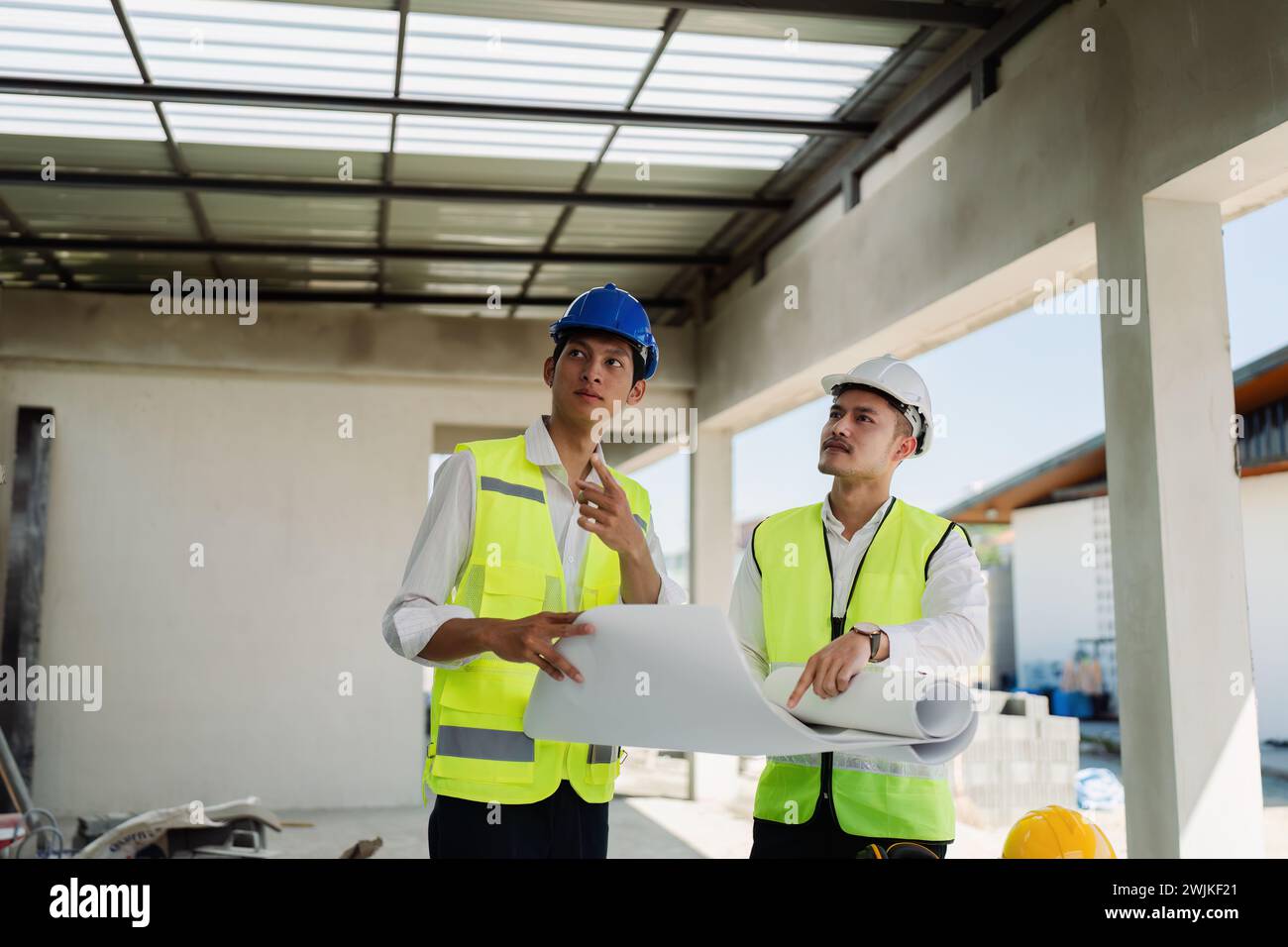 team engineer, foreman, architect meeting for colleagues discussing and checks construction ...