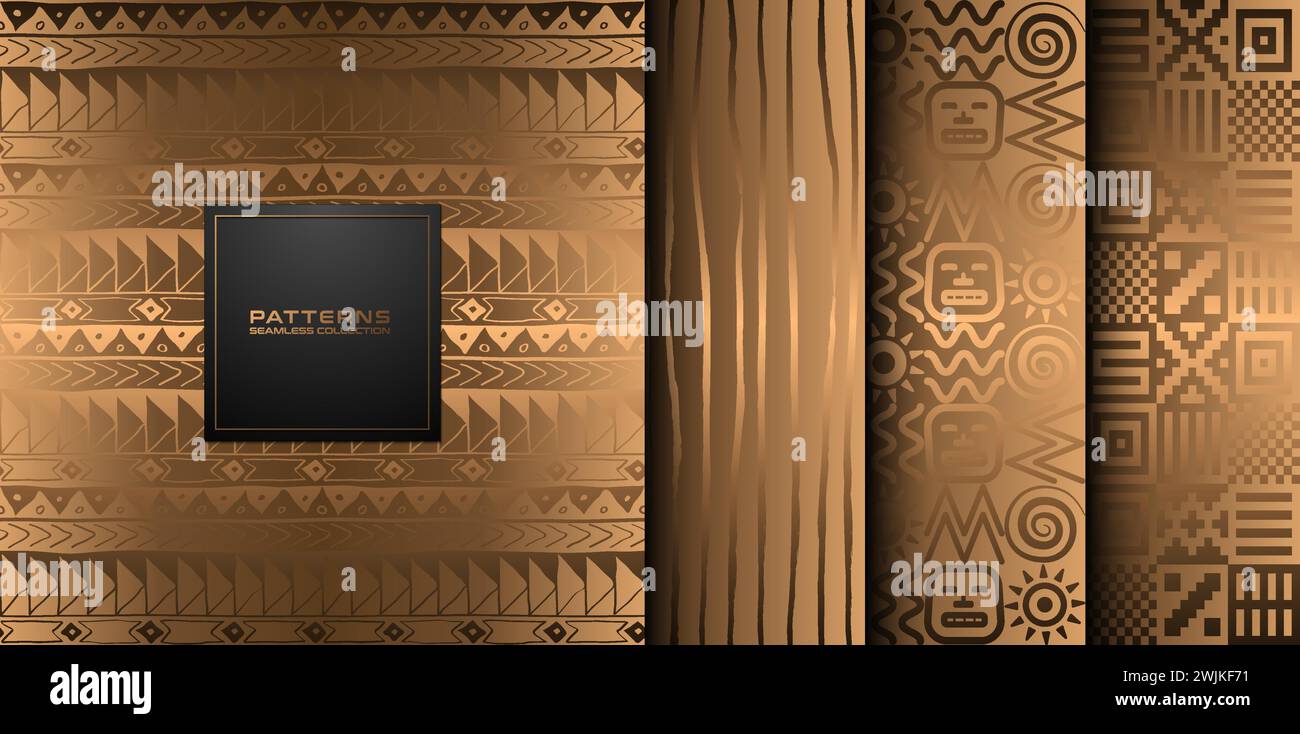 Seamless vector hand drawn golden ethnic pattern set. Abstract gold ...
