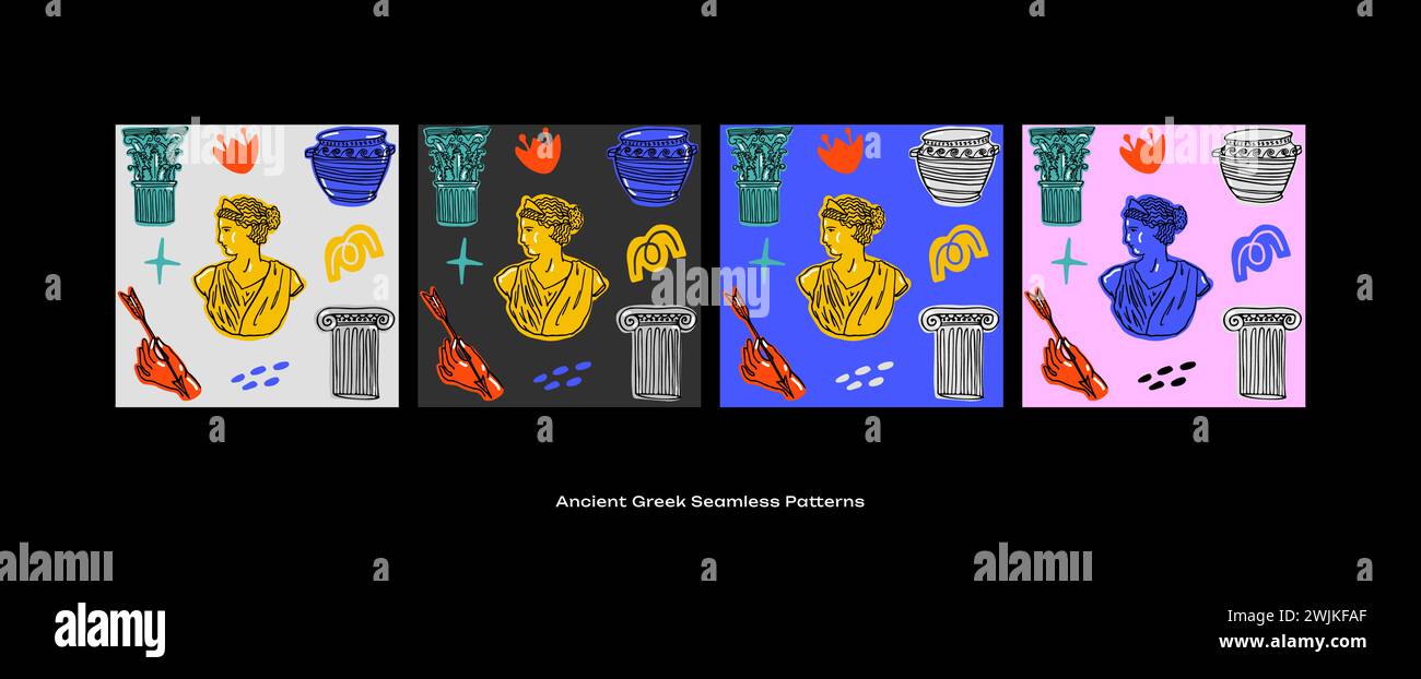 Ancient Greek Hand drawn Seamless Pattern Set with sculptures and ...